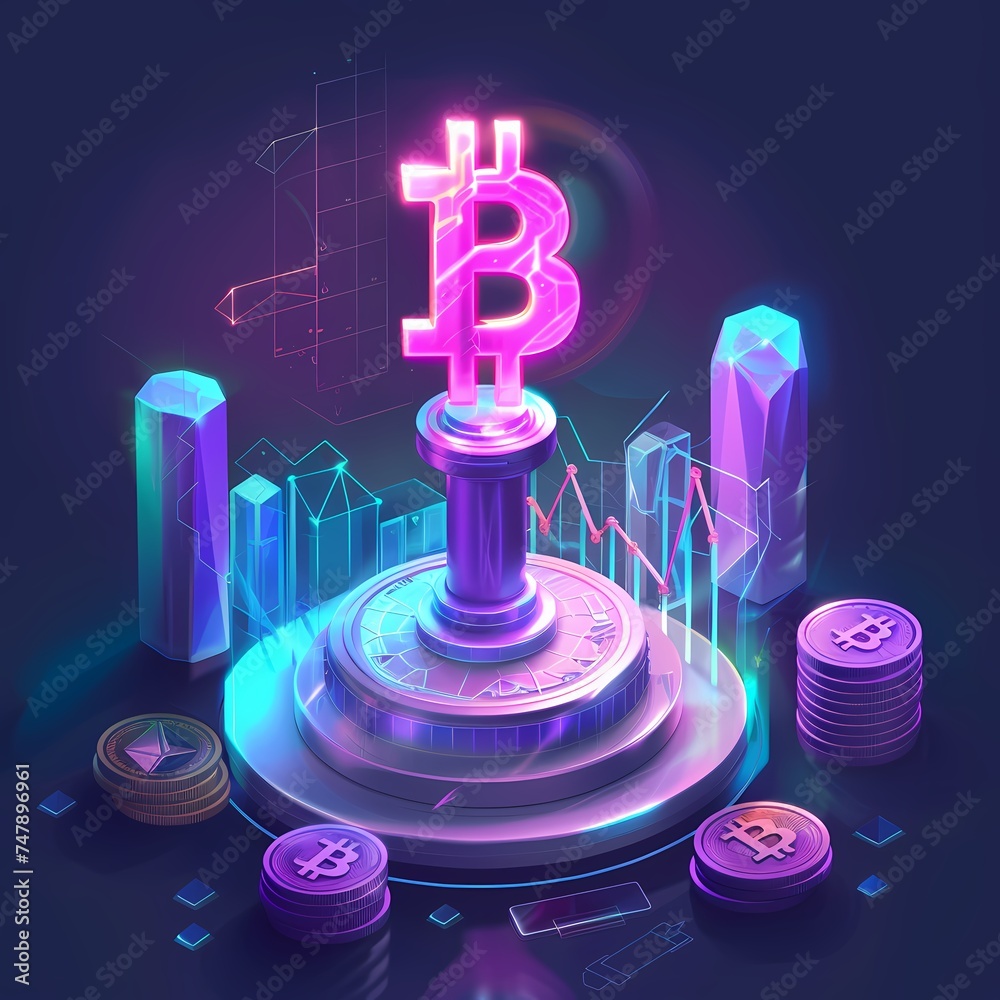 A towering Bitcoin column stands amidst a backdrop of futuristic ...
