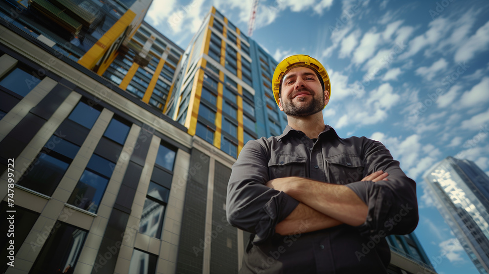 An architect on the construction site wearing yellow bump cap standing ...