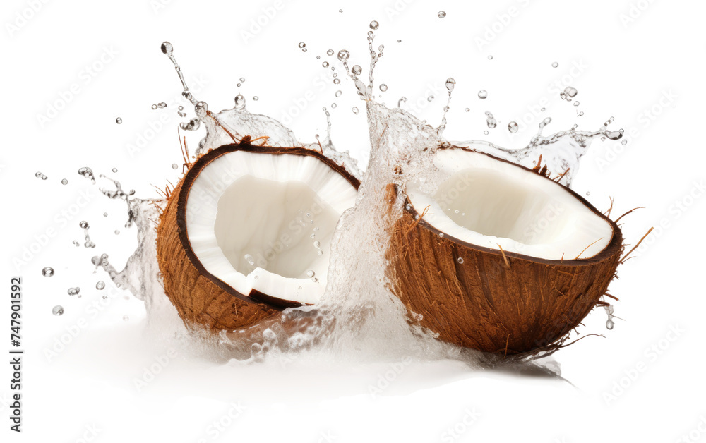 Two coconuts floating in the water, bobbing gently along the surface ...