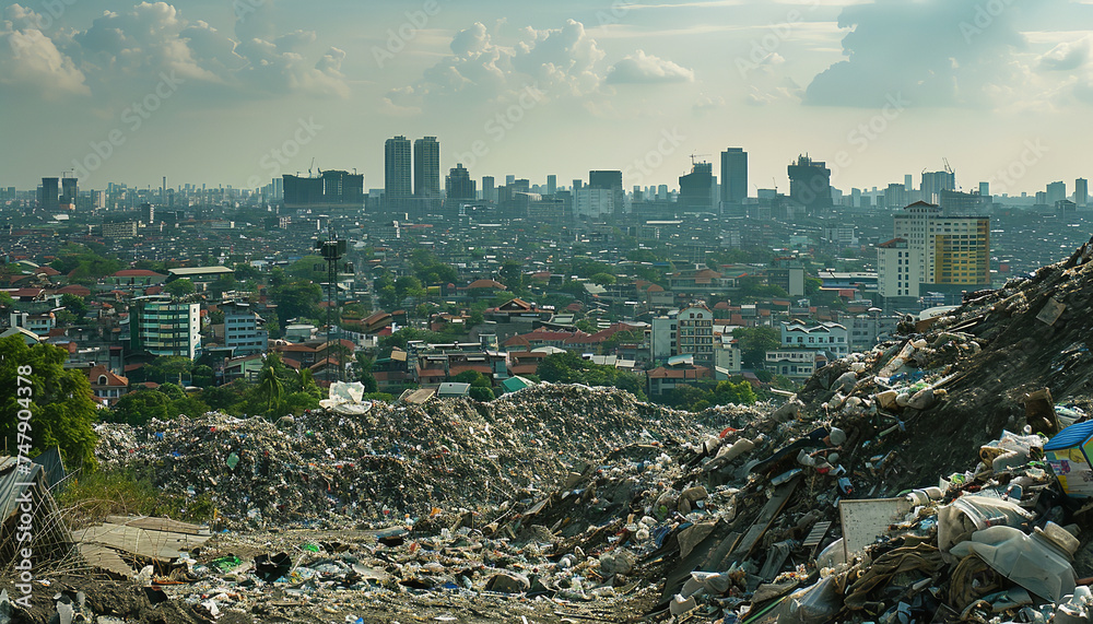 An overfilled landfill with the city skyline in the background - a ...