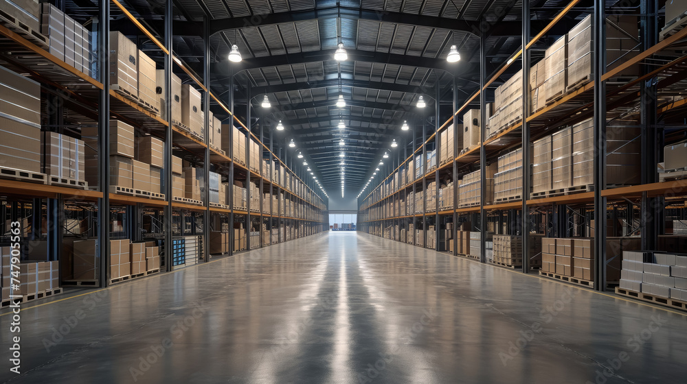 large warehouse with shelves and racks, market place, room for storing ...