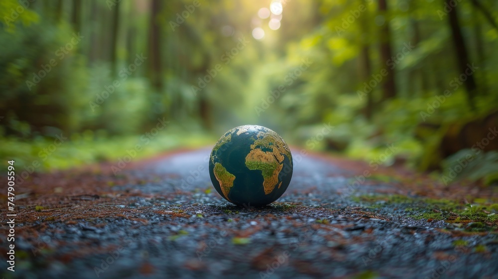 The eco car on the forest road with the earth planet passing through ...