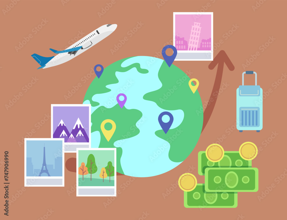 Globe with destination points, money, airplane, suitcase and photos ...