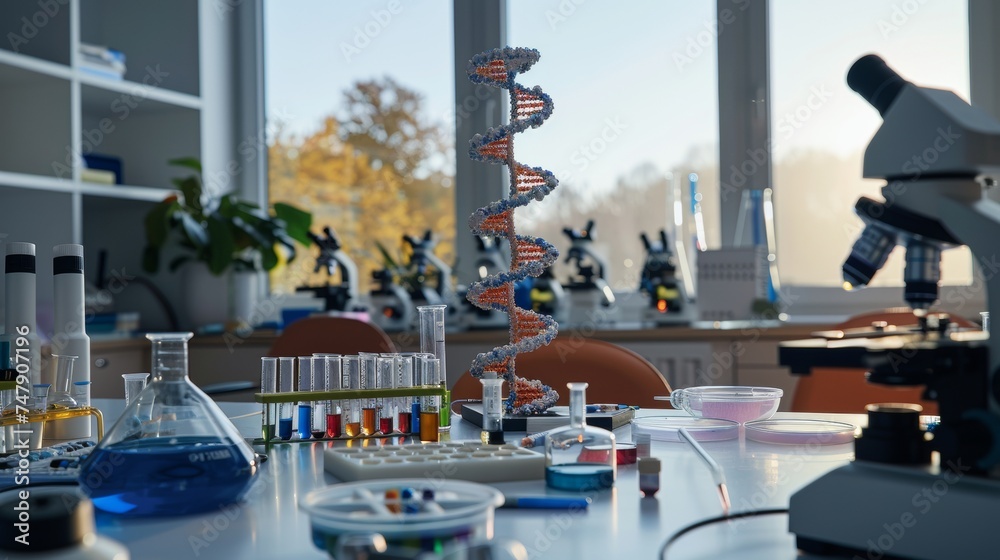 Biology classroom, focusing on a detailed model of human DNA, placed on ...