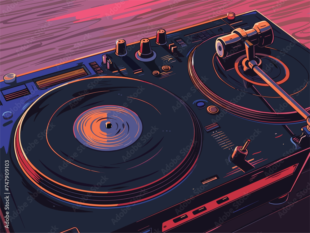 An electric blue record player spins a gramophone record on a turntable ...