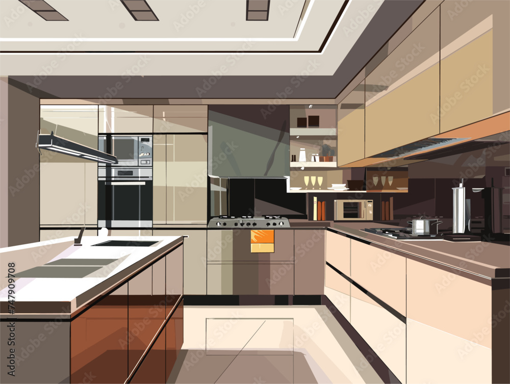An interior design drawing of a kitchen in a house with wooden ...