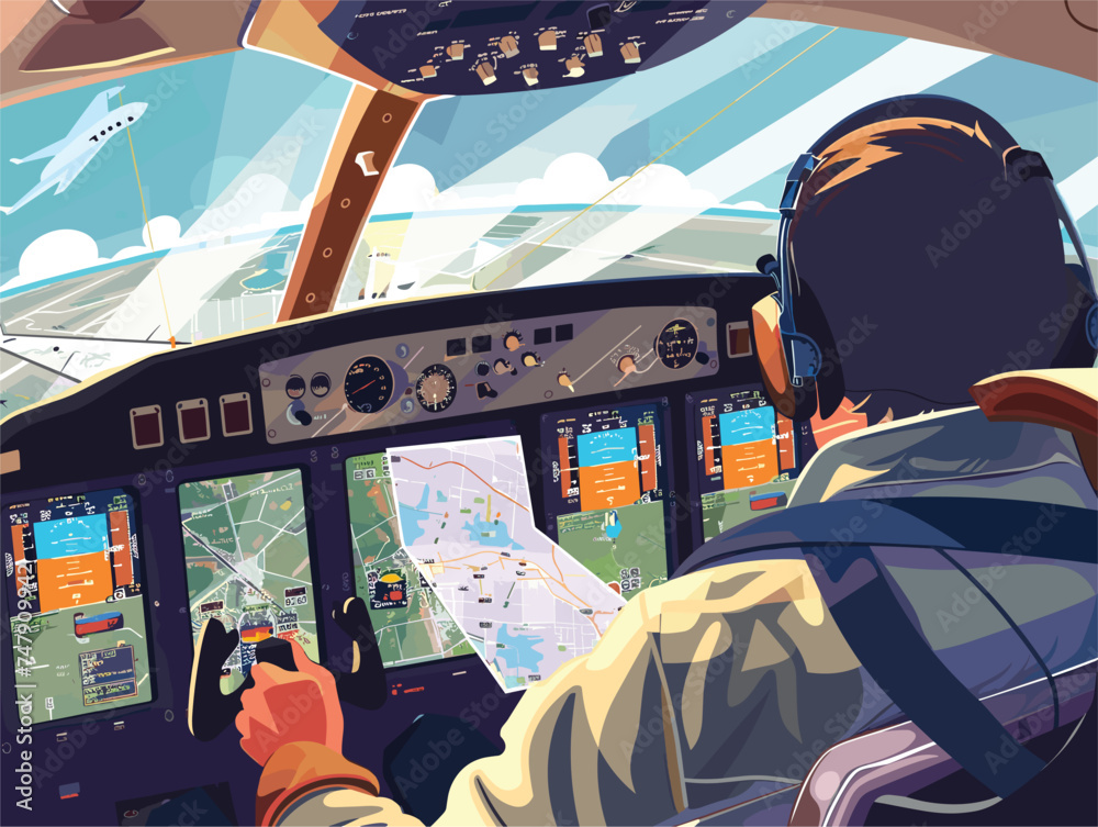 A man is in the cockpit of an airplane, studying a map. He is ...