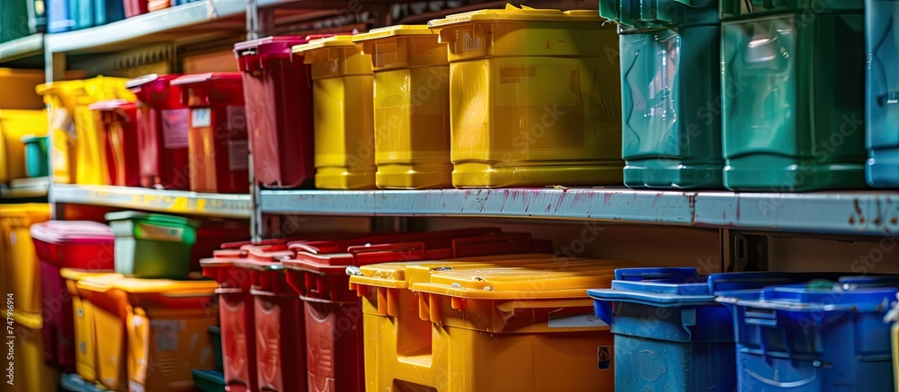Numerous colored plastic containers placed on a shelf, storing ...