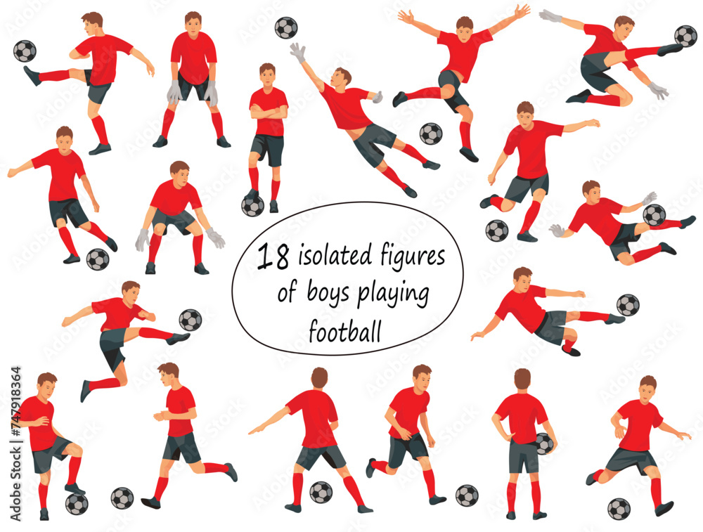 18 isolated figures of teenage boy football players and goalkeepers in ...