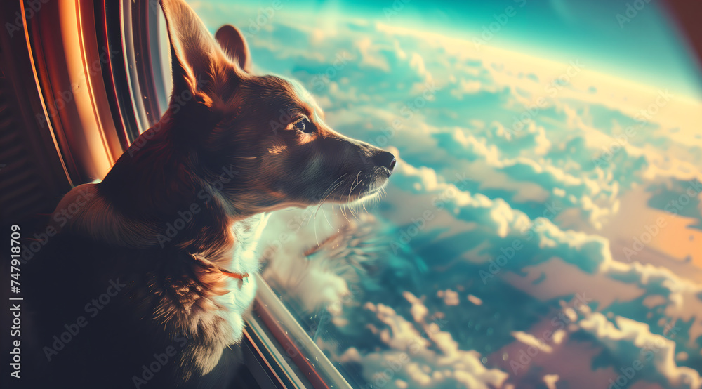 Dog looking out of a spaceship porthole at the cosmos. Space ...