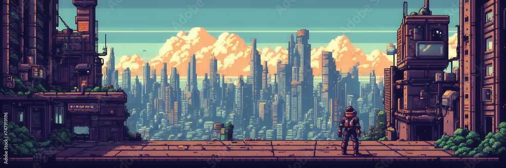Retro pixel art scene depicting an 8-bit video game character exploring ...