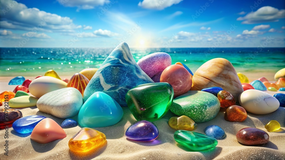 Colorful Gemstones on a Beach. Polish Textured Sea Glass and Stones on ...