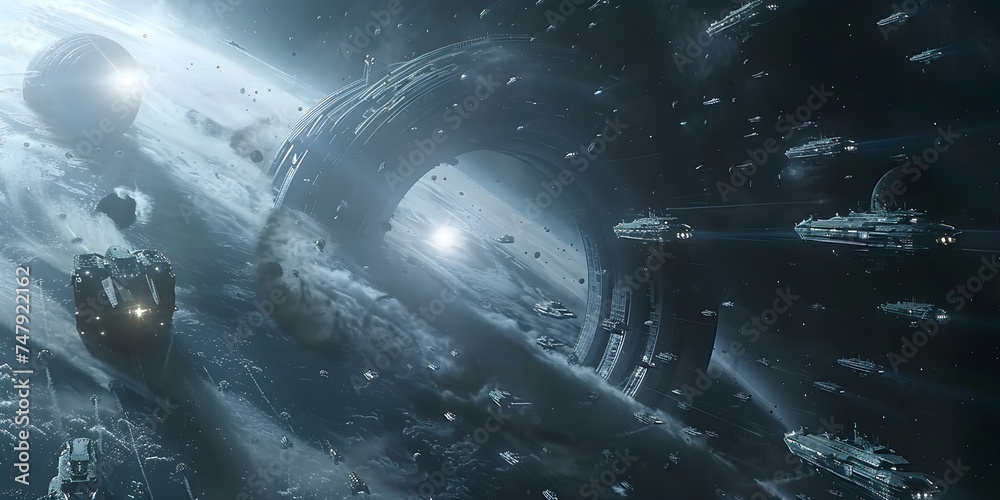 Large armada of battleships emerging from a warp portal. Concept Sci-fi ...