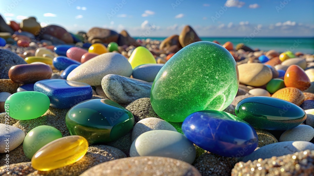 Colorful Gemstones on a Beach. Polish Textured Sea Glass and Stones on ...