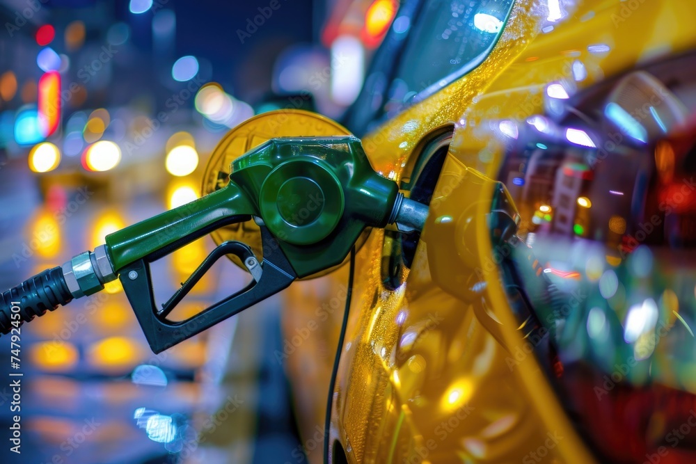 Hand female Refill and filling Oil Gas Fuel at station. Gun petrol in ...