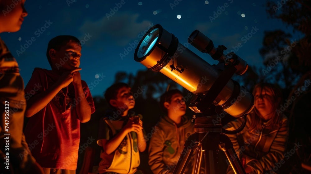 A group of explorers gathered around a telescope each taking turns ...