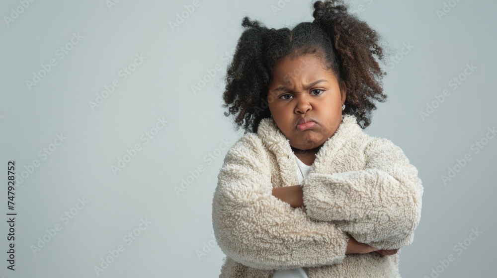 A young girl with curly hair wearing a fluffy white coat has a pouty ...