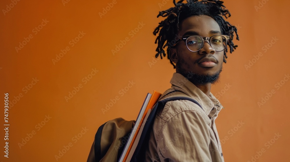 Young man with glasses and dreadlocks wearing a backpack standing ...