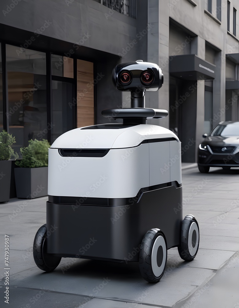 A modern autonomous delivery robot stands on a sidewalk, its twin ...
