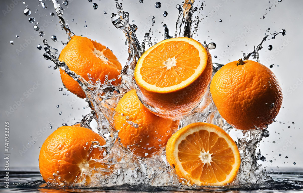 Vibrant oranges submerged in clear water with effervescent bubbles set against a smooth backdrop ...