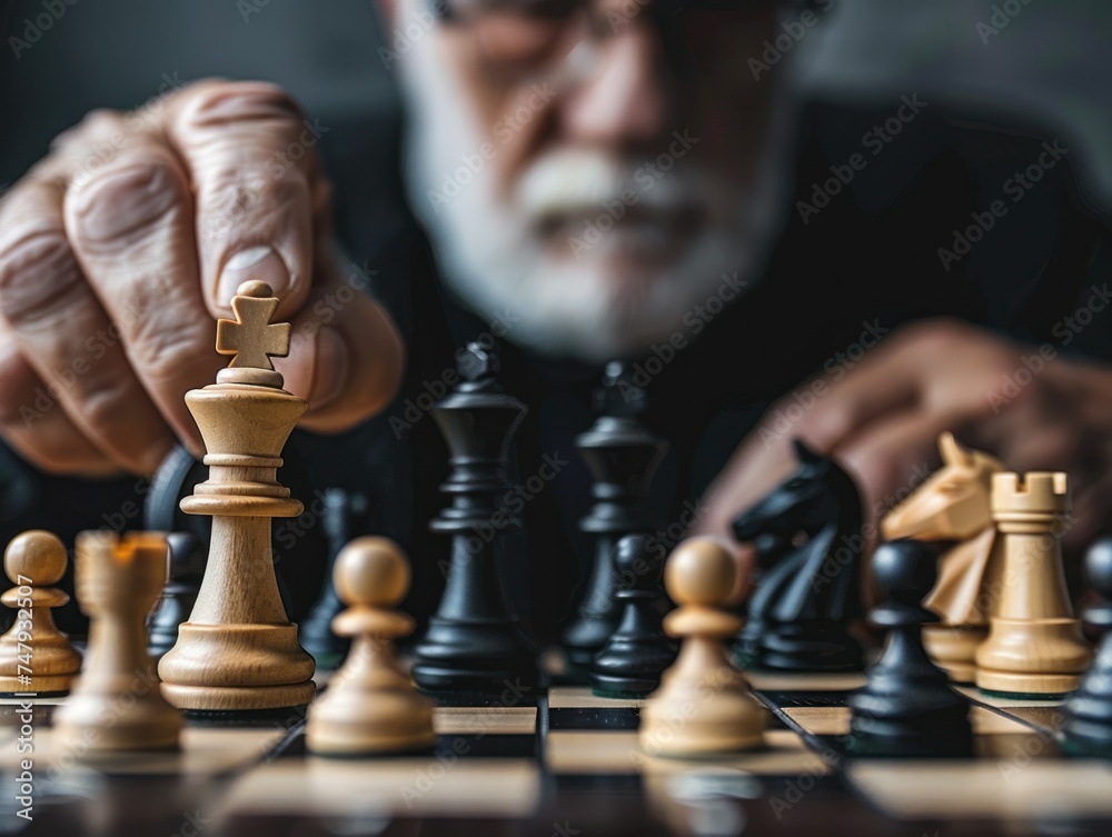 Strategic Chess Move with King in Focus. A contemplative player's hand ...