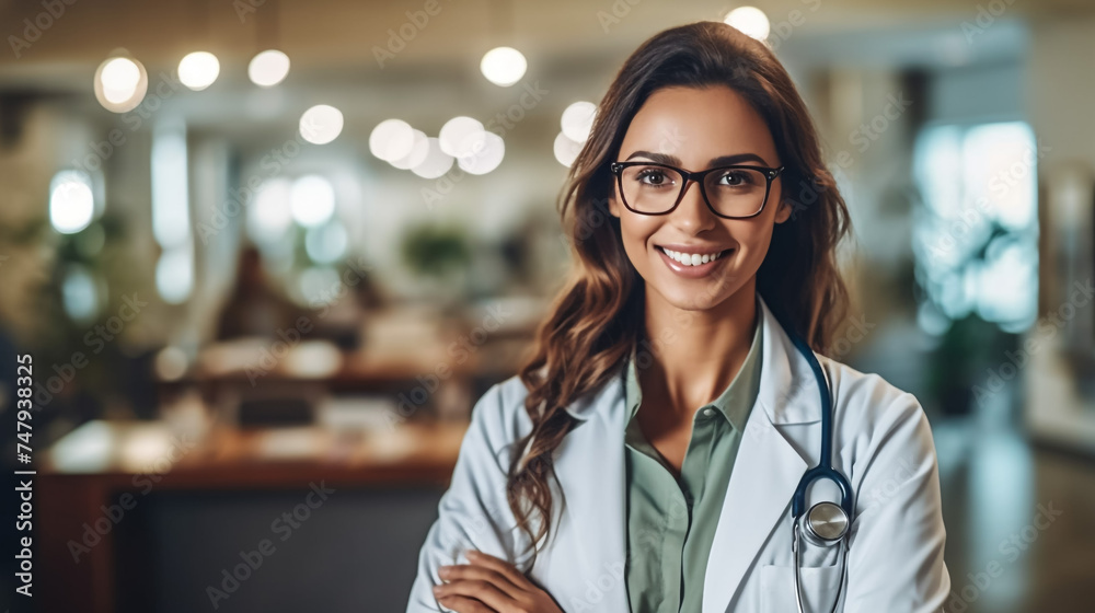 Beautiful cheerful woman doctor wears white gown, glasses and ...