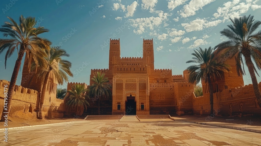 Ancient traditional architecture. Golden fortress in desert. Sandy ...