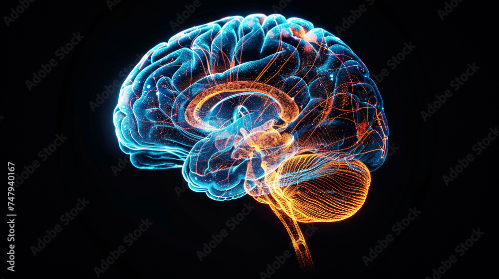 Poster a side of a 3D brian x ray effect the brain is highlight ...