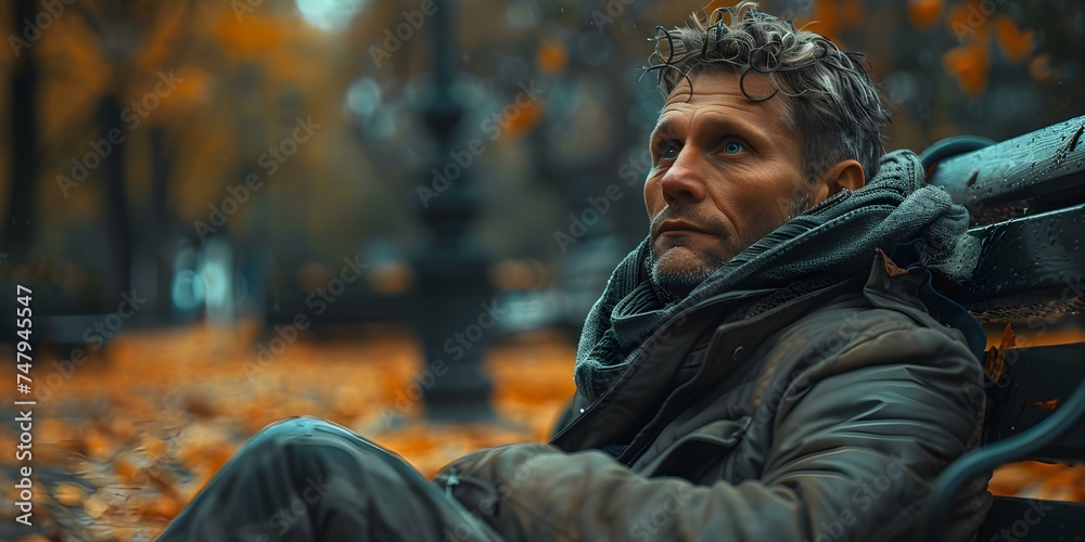 A homeless man resting on a park bench with a bag. Concept Street ...