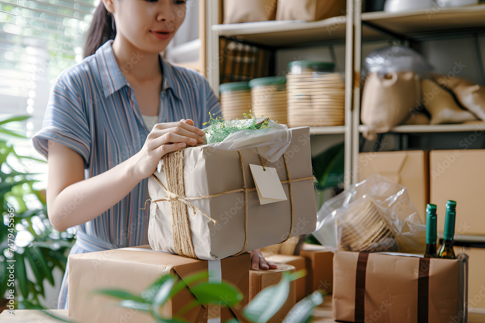 Eco vendor go green packaging parcel carton box in net zero waste store ...