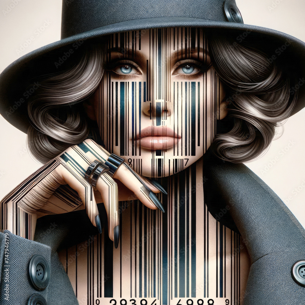 A stylized woman with barcode features on her face exuding a fusion of ...