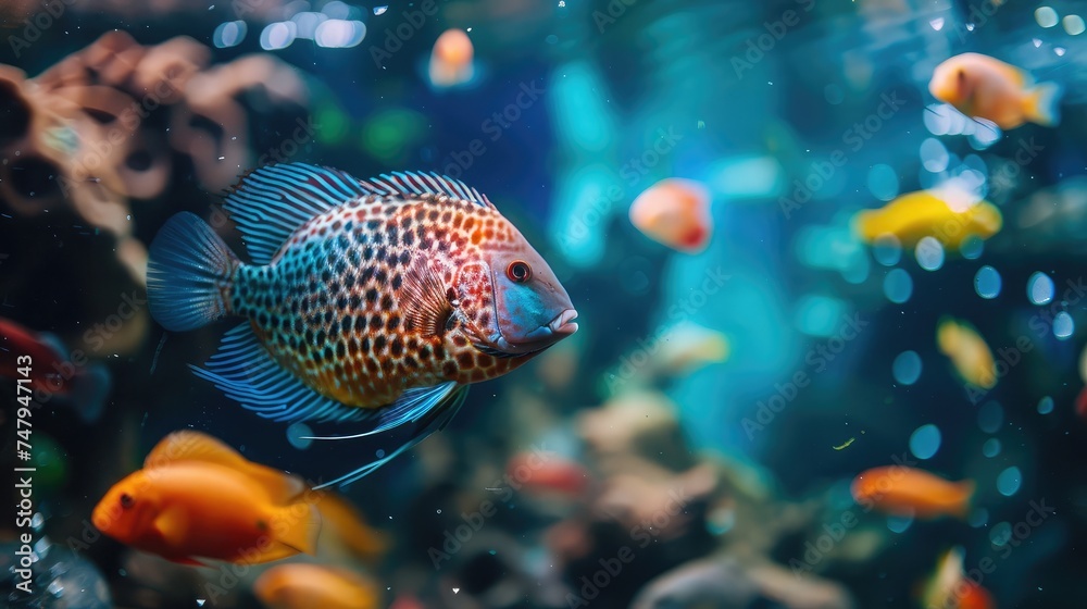 Flowerhorn Cichlid Colorful fish swimming in Aquarium deep blue ...