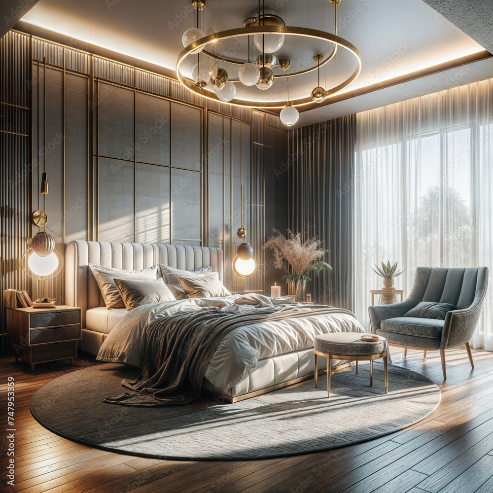 a bedroom with a large bed and a chair, a digital rendering , featured on shutterstock ...