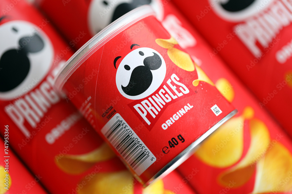KYIV, UKRAINE - FEBRUARY 27, 2024 Pringles original potato chips on ...