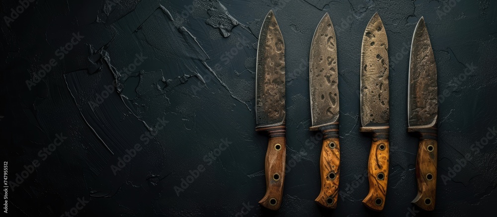 A collection of knives with wooden handles laid out in a row on a dark ...