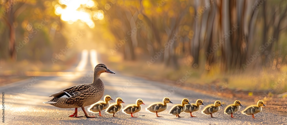 A mother duck leads her group of baby ducks as they cross the Ponarama ...