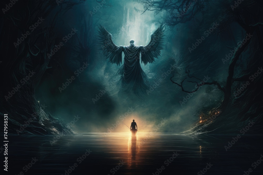 Photo & Art Print man on boat facing a legendary angel in the dark ...