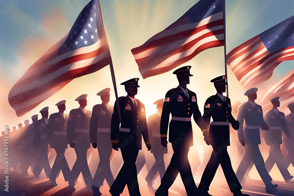 In mid-morning sunlight, a Veterans Day parade with American flags, and ...