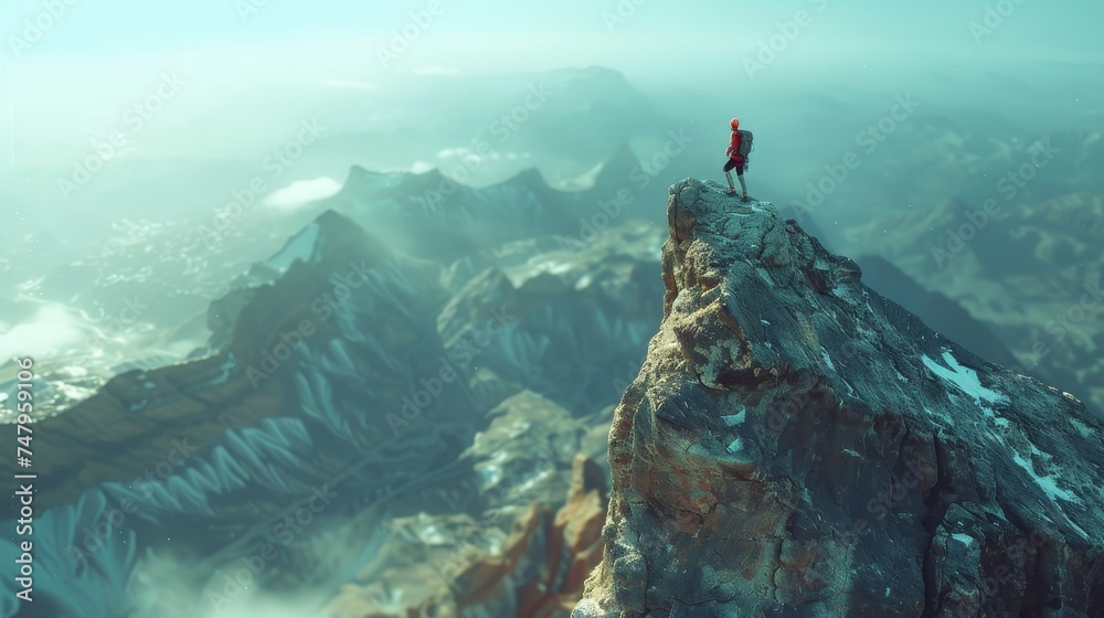 A lone climber stands atop a rugged peak, gazing into the vastness of ...
