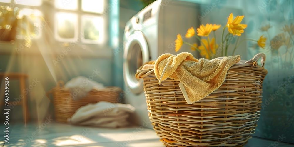 Overflowing laundry basket next to the washing machine filled with ...