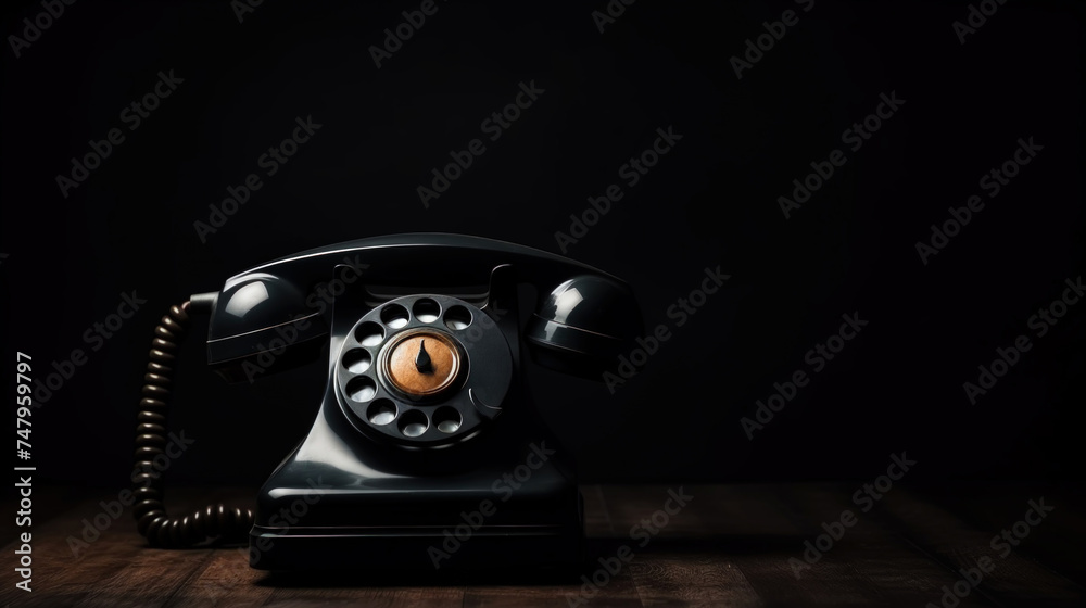 Vintage classic rotary dial black phone. Dark colour palette. Retro ...