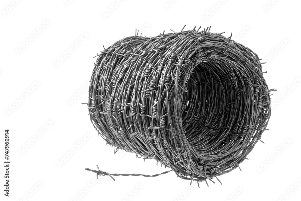 Roll barbed wire close-up on white isolated background for creating ...