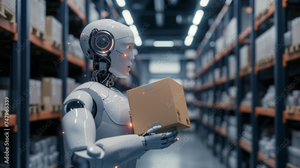 An advanced humanoid robot is efficiently handling a package in a high ...