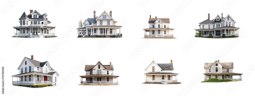 Old white wood house collection isolated on a white background. Antique ...