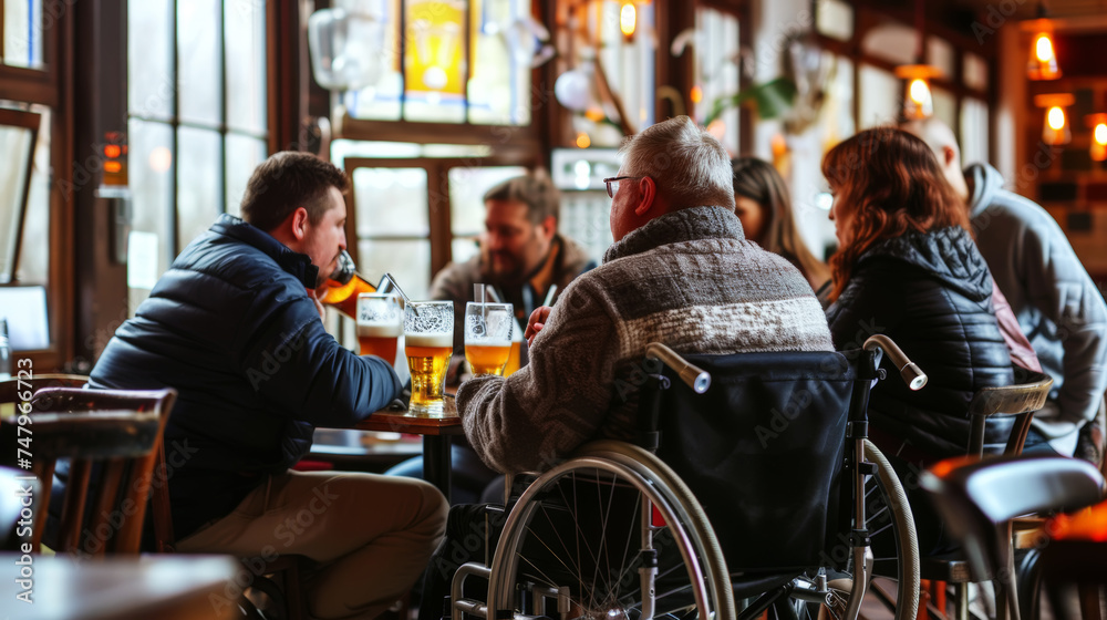 Friends are in restaurant, one of them is disabled and uses a ...