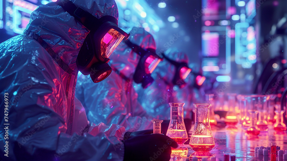 A group of scientists in protective suits in a scientific laboratory ...