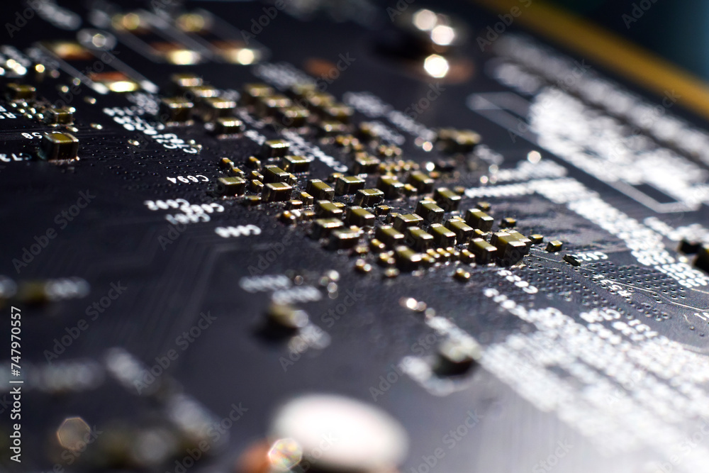 Motherboard chip panel with ICs, various zippers in a shallow depth of ...