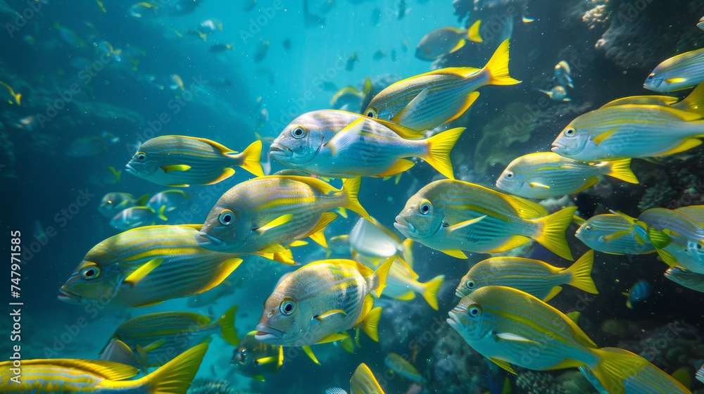 vue sous-marine d'un ban de poissons exotique dans les eaux peu ...