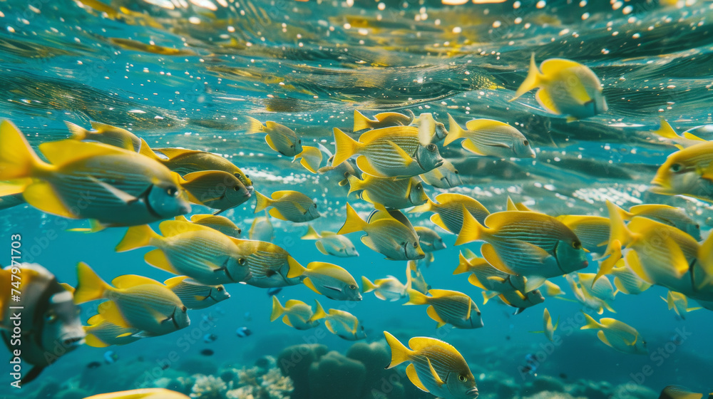 vue sous-marine d'un ban de poissons exotique dans les eaux peu ...