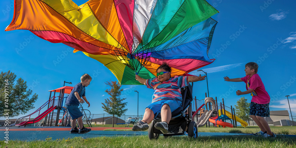 Kids, Down syndrome, Playing, Colorful parachute, Playground ...
